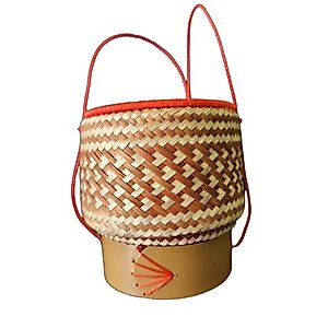 Bamboo Sticky Rice Serving Basket Handmade KRA-Tip Thai Laos Traditional Weave Wickerwork with Vegetable Based Dye Travel Picnic Keeping After Steaming Keep Warm, Multicolored, 5x3.5x5.2''
