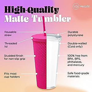 Matte Studded Tumbler with Lid & Straw, Reusable BPA Free Plastic Water Bottle, Travel Friendly Water/Iced Coffee/Cold Brew/Smoothie Textured Cold Cup, 24oz (Fuchsia)