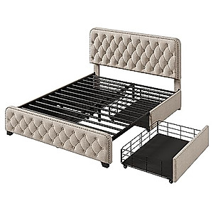 Livavege Queen Size Bed Frame with 4 Storage Drawers on Wheels & Button Tufted Headboard and Footboard, Modern Upholstered Platform Bed w/Steel Slats Support, Metal Queen Bedframe No Box Spring Needed