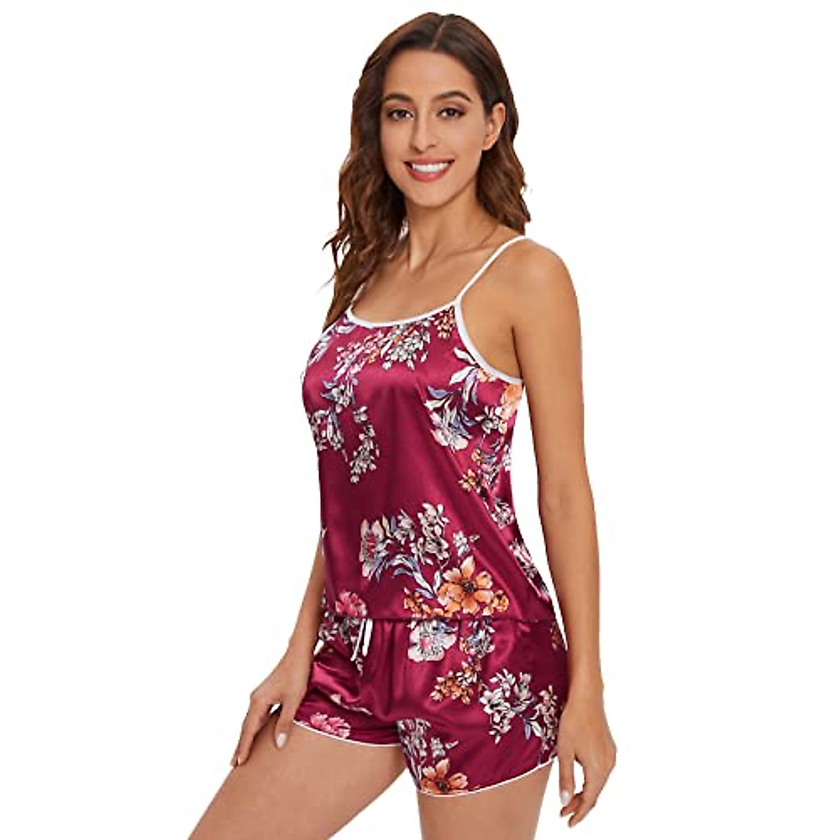 WDIRARA Women's Silk Satin Pajama Set 4 Pieces Sleepwear Loungewear Pj Sets Burgundy M