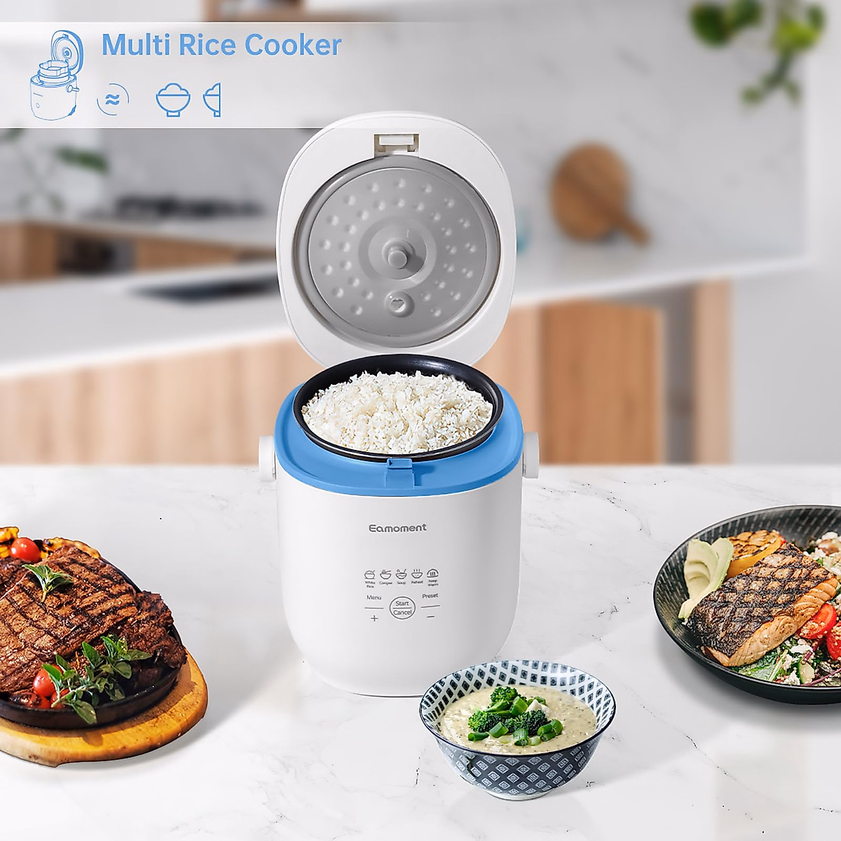 Blue Mini Rice Cooker Small 1 Cup-2 Cup Non-Stick Coated Insert Food Steamer Kitchen Appliances Includes Vegetable Steamer
