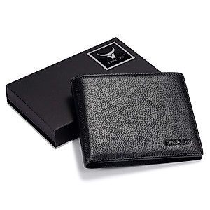 HISCOW Full Grain Leather Bifold Wallets for Men, Slim Minimalist Mens Wallet, Gifts for Dad Birthday Fathers Day (Pebbled Black)