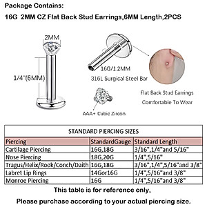 CANDYFANCY 16g 2/3/4mm Cubic Zirconia Triple Forward Helix Ear Cartilage Tragus Studs Earrings Lip Piercing 16 gauge (2mm stone, 6mm Length, 2pcs)