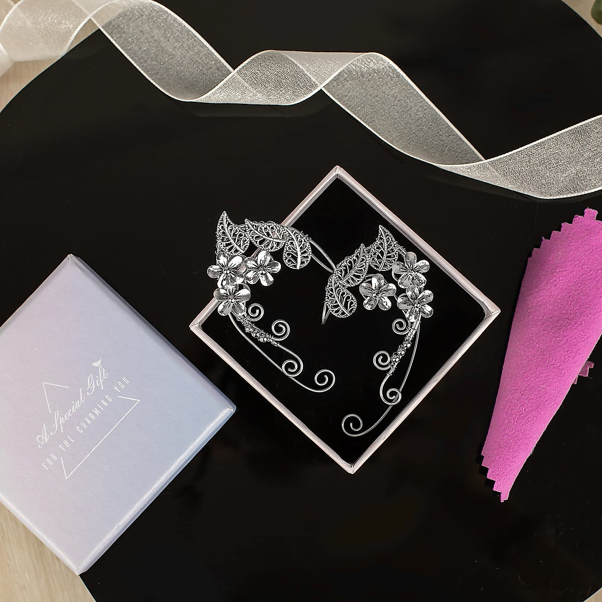 Elven Ear Cuffs for Women, Handmade Elf Fairy Earrings Cuff Wrap Clip-on Filigree Earrings for Fantasy Fairy Halloween Costume, Cosplay, Wedding, Handcraft (Silver)