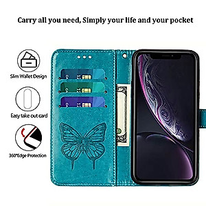 Phone Case for iPhone XR Wallet,Card Holder [Kickstand][Wrist Strap] Butterfly Floral Embossed for Women PU Leather Flip Protective Cover for iPhone XR Cases 2021 (Blue)