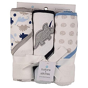 Cudlie Buttons and Stitches Baby Boys 3 Pack Infant Hooded Towel, Triceratops Prints (GS71365)