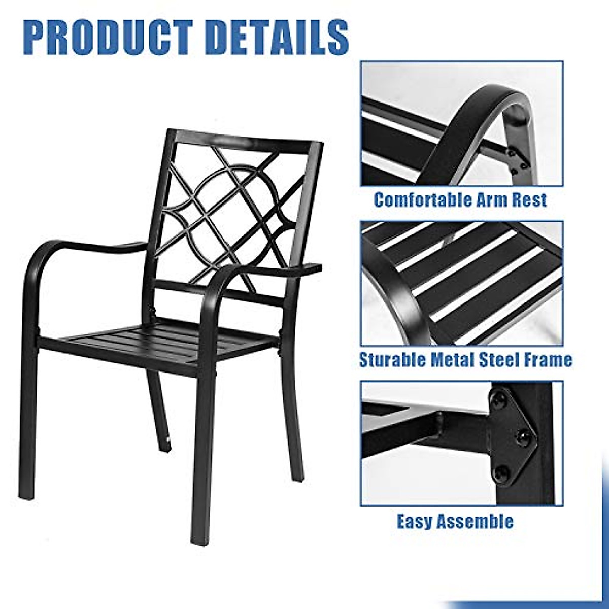 Incbruce 300lbs Patio Chairs Set of 4 Outdoor Dining Chairs, Metal Frame Stackable Patio Dining Chairs, Wrought Iron Black Outdoor Chairs with Armrest for Garden, Poolside, Backyard