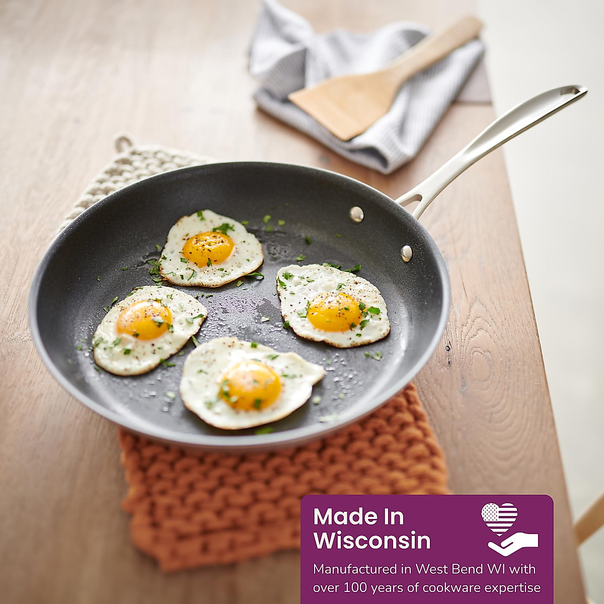 American Kitchen - 12 inch Premium Nonstick Skillet & Frying Pan, Stainless Steel, Durable Coating, Made In America