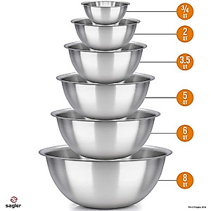 mixing bowl Set of 6 - stainless steel - Polished Mirror kitchen bowls - Set Includes ¾, 2, 3.5, 5, 6, 8 Quart - Ideal For Cooking & Serving - Easy to clean - Great gift