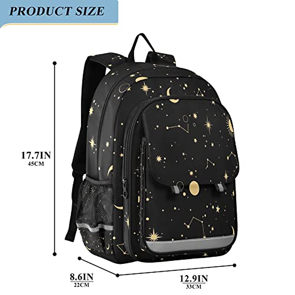 Glaphy Zodiac Sun Moon Stars Boho Constellations Backpack School Bag Lightweight Laptop Backpack Student Travel Daypack with Reflective Stripes