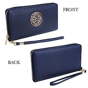 Rebecca & Rifka Women's Large Saffiano Vegan Leather Medallion Zip Around Multi Holder Organizer Wristlet Large Capacity Travel Clutch Wallet (Navy)