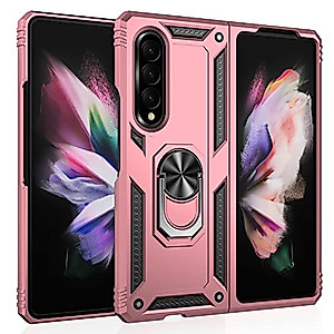 IKAZZ Galaxy Z Fold 3 Case,Samsung Z Fold 3 Cover Military Grade Shockproof Heavy Duty Protective Phone Case Pass 16ft Drop Test with Magnetic Kickstand for Samsung Galaxy Z Fold 3 Rose Gold