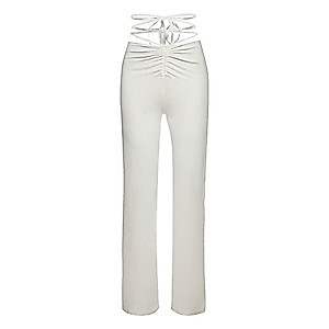 Bravetoshop Women's Regular Fit Straight Leg Pants Crisscross High Waist Casual Trousers Y2K Fashion Streetwear (White,S)