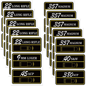 Aolamegs Pistol Ammo Can Sticker Set - .22 LR .45 AUTO 9MM Luger .357 Mag .40 S&W .380 AUTO Ammo Caliber Sticker, Black Bullet Pattern Vinyl Decal Ammo Can Labels for Box Case（6 Varieties/30 Pack)