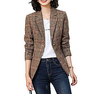 ebossy Women's Notch Lapel 2 Button Boyfriend Blazer Suit Houndstooth Plaid Jacket Coat (Medium, X-Brown)