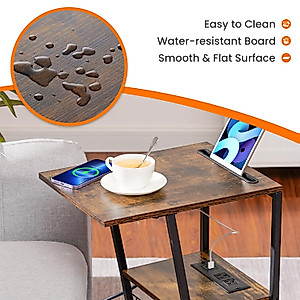 Heybly Side Table, C Shaped Nightstand End Table with Charging Station and Phone Holder,2 USB Ports and Power Outlets, Snack Sofa Couch Tables for Small Spaces, Rustic Brown HET001CSR1
