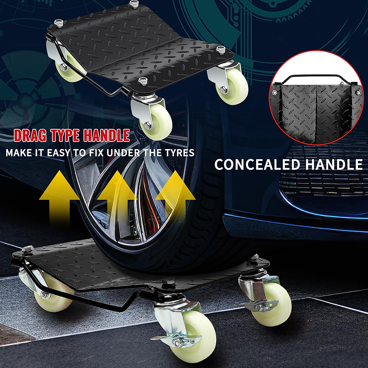 Datanly Set of 4 Car Dolly, Heavy Duty Wheel Dolly Car Stakes, Steel 6000 Lbs Capacity Auto Vehicle Moving Dolly with 360 Degree Wheels for Vehicle Storage Furniture Mover Trailer, 16" x 13"(Black)