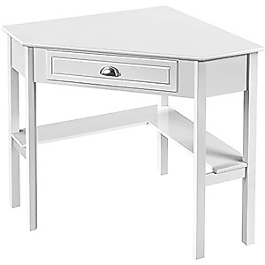 Yaheetech Wood Triangle Computer Desk Corner Table with Large Drawer & Storage Shelves, 90 Degrees Writing Desk Laptop PC Table for Home Office, Study Workstation for Small Space, White