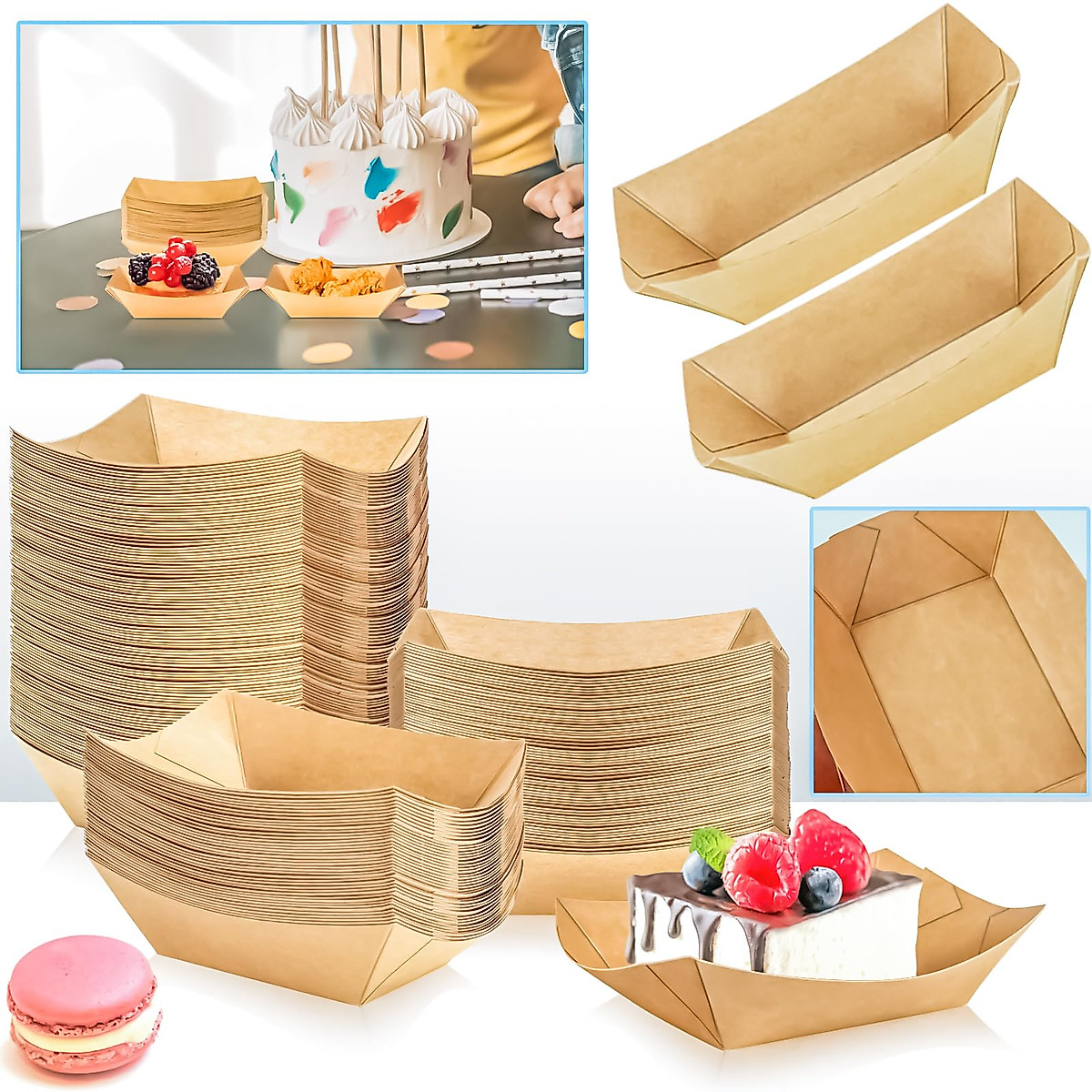MotBach 150 Pack 1/4Lb Paper Food Boat Trays Disposable Small Paper Boats Plates Containers, 0.25Lb Mini Kraft Food Serving Boat Tray Baskets for Snack Fries Dessert Popcorn BBQ Sauce Tacos Nacho