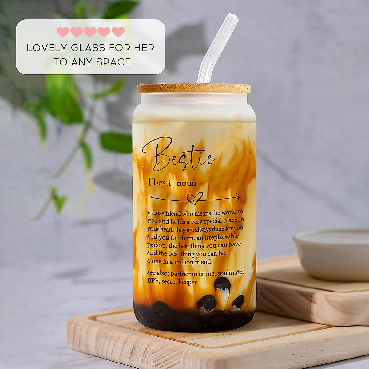 Bestie Birthday Gifts for Women her - Friends Female Funny Unique Best Friendship BFF Work Bestie Gifts, Can Glass Cup Coffee Wine Water Bottle Present with Glass Straw & Lid for Christmas - 16oz