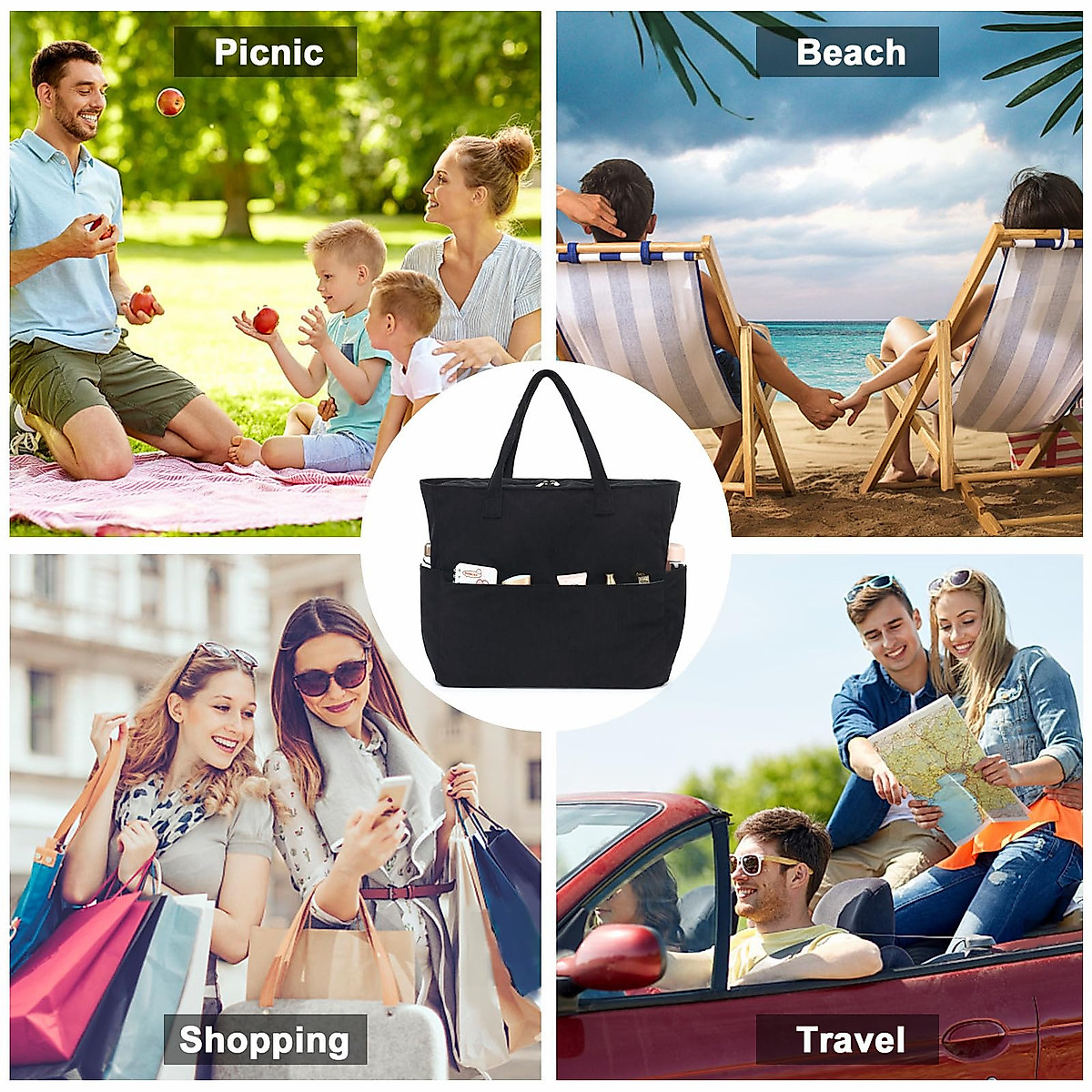 LEDAOU Large Beach Tote Bag Women Waterproof Sandproof Zipper Beach Tote Bag for Pool Gym Grocery Travel with Wet Pocket (Black)