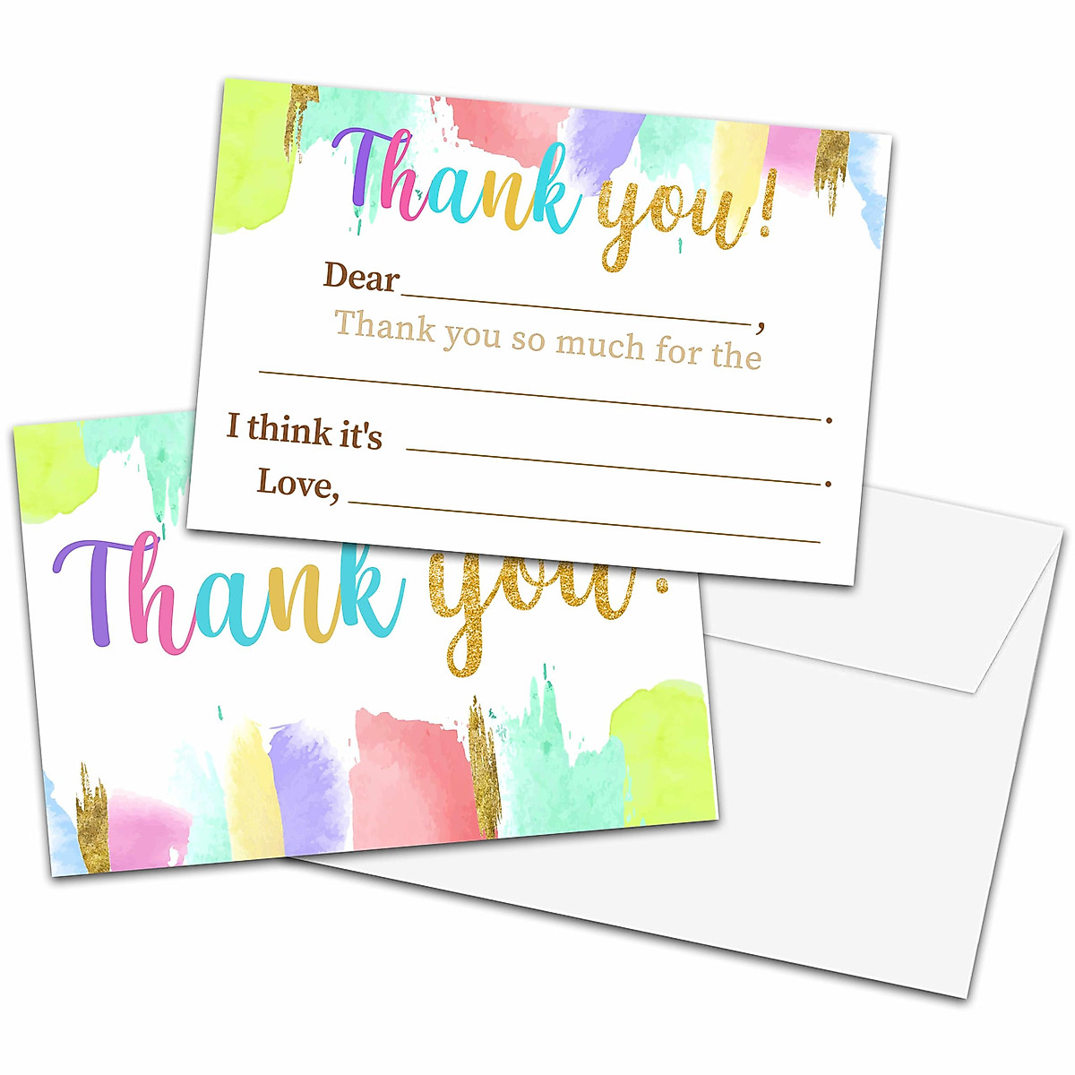 Kids Thank You Cards Fill in the Blank, Art Painting Thank You Cards, Gold Foil Greeting Cards, Thank You Notes For Boys Girls, Birthday Party Decorations Favors (20 Cards With 20 Envelopes) -12