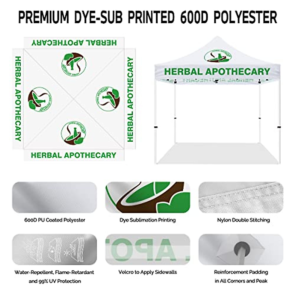 ABLEM8CANOPY Custom Canopy Tent 10x10 with Logo, Personalized Pop Up Canopy Tent with Optional Walls for Business Events, Trade Shows, Farmers Market, Roller Bag Included(Apothecary)