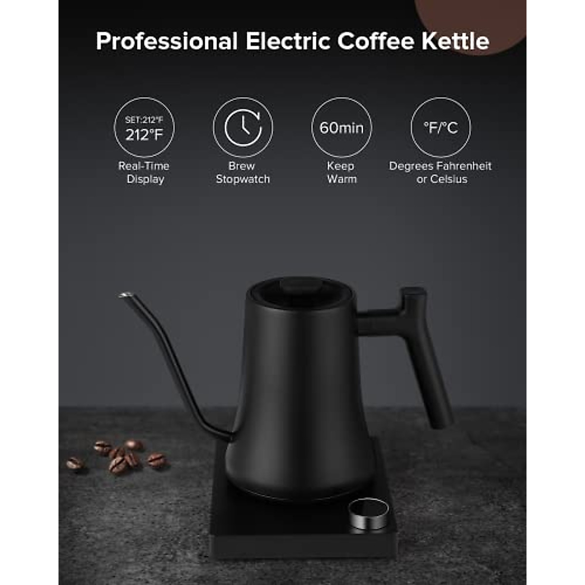 Electric Gooseneck Kettle With Variable Temperature Control, One-key Control All Functions, Pour-Over Coffee Kettle and Tea Kettle, 1200W Quick Heating, 0.8L, Built-in Stopwatch, Matte Black