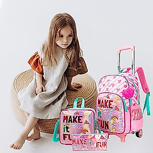 Egchescebo Kids Rolling Backpack for Girls Suitcases Trolley Backpacks with Wheels Roller Luggage Backpack on Wheels with Lunch Box Pencil Case for Elementary Girls Travel School Bag Aged 6-15 Red