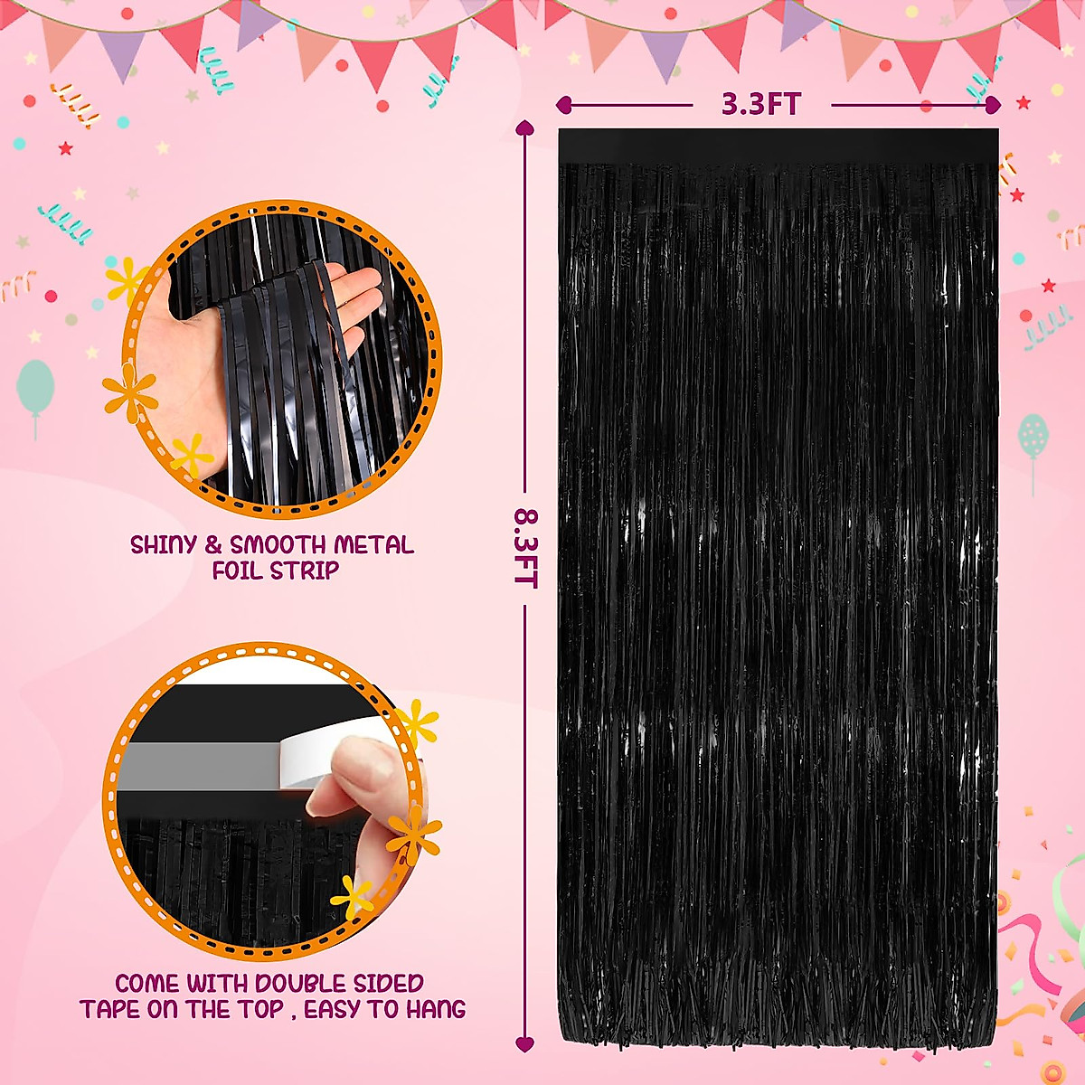 Black Metallic Tinsel Foil Fringe Curtains Backdrop 2Pack 3.3x8.3Ft Party Streamers for Birthday Party Decorations Halloween Christmas Decors Foil Curtain Backdrop for Bachelorette Bridal Party