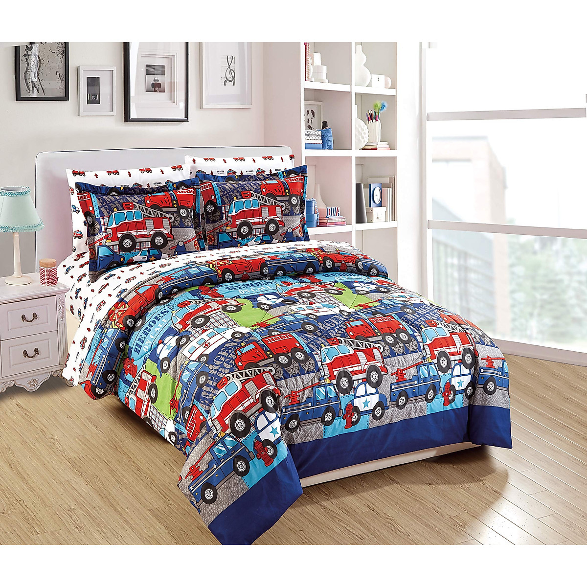 Comforter Set for Kids Heroes Fire Fighter Fire Trucks Police Car Ambulance Paramedic Navy Blue Red White Light Blue Grey Green New (Full)