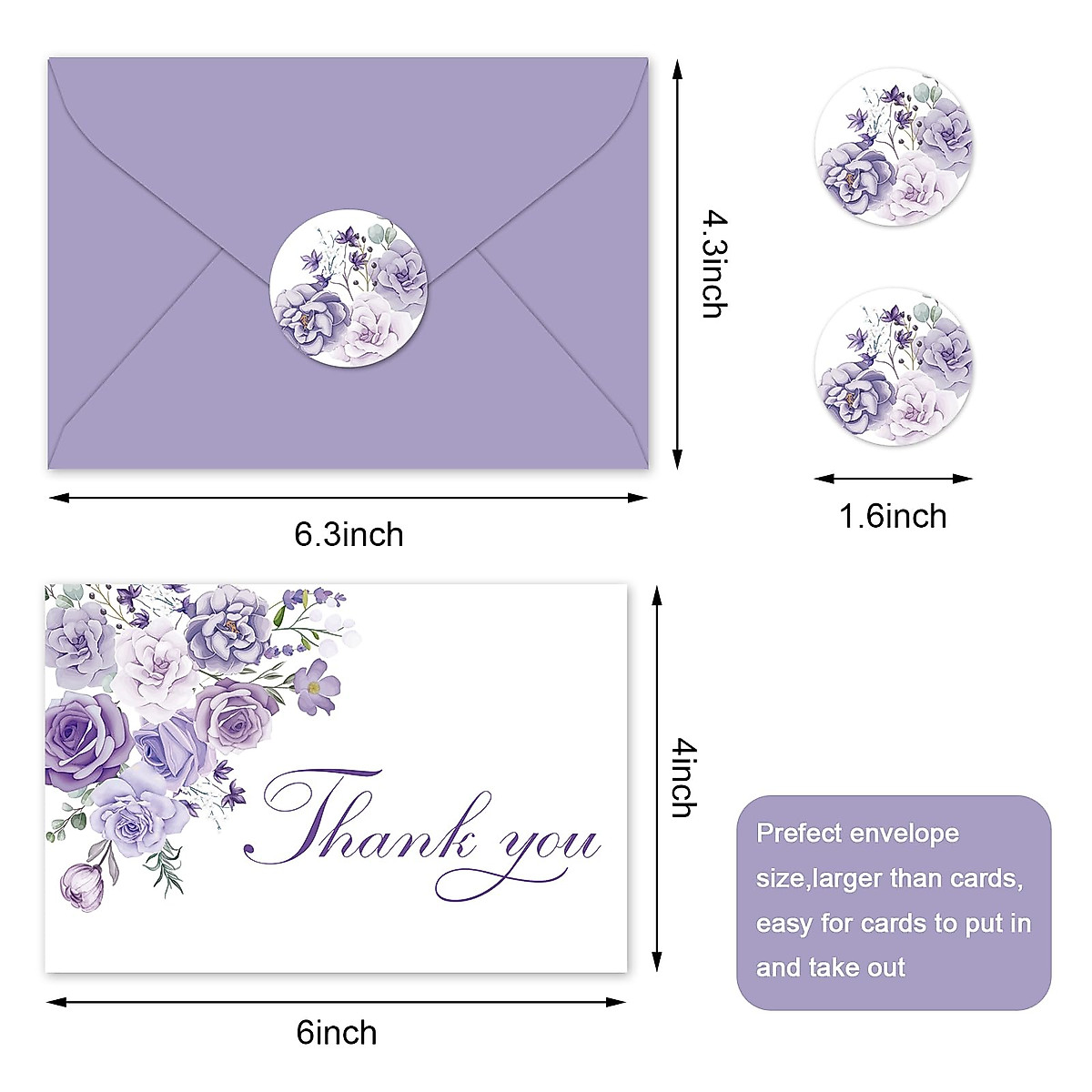 Whaline 24Pcs Lavender Floral Thank You Cards with Envelopes and Stickers Purple Floral Greeting Cards Elegant Flower Blank Note Cards for Party Supplies