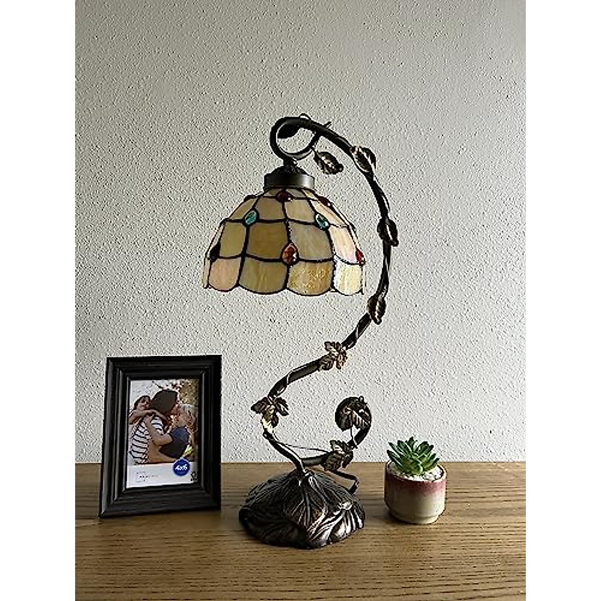 Enjoy Tiffany Style Table Lamp Gold Stained Glass Crystal Beans Iron Metal Leaves Bronze BaseIncluded LED Bulb Vintage for Living Room Dining Room Bedroom Bedside Office Hotel H21*W11 in
