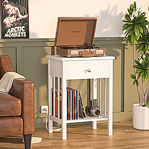 Homykic White Nightstand with Charging Station Set of 2, Bamboo Bedside Table Set with USB Ports and Outlets, Night Stand End Table with Drawer for Bedroom, Living Room, Small Space