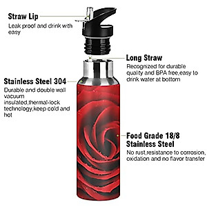 xigua Beautiful Romantic Red Rose Flower Stainless Steel Water Bottle with Straw Lid 22 oz,Thermo Mug,Metal Canteen,Double Wall Vacuum Insulated Leak Proof,Keep Liquids Hot or Cold