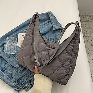 Women Hobo Shoulder Bag Puffer Small Tote Crossbody Bag Purse Cotton Handmade Bags Handbag with Zipper School Work Travel Grey