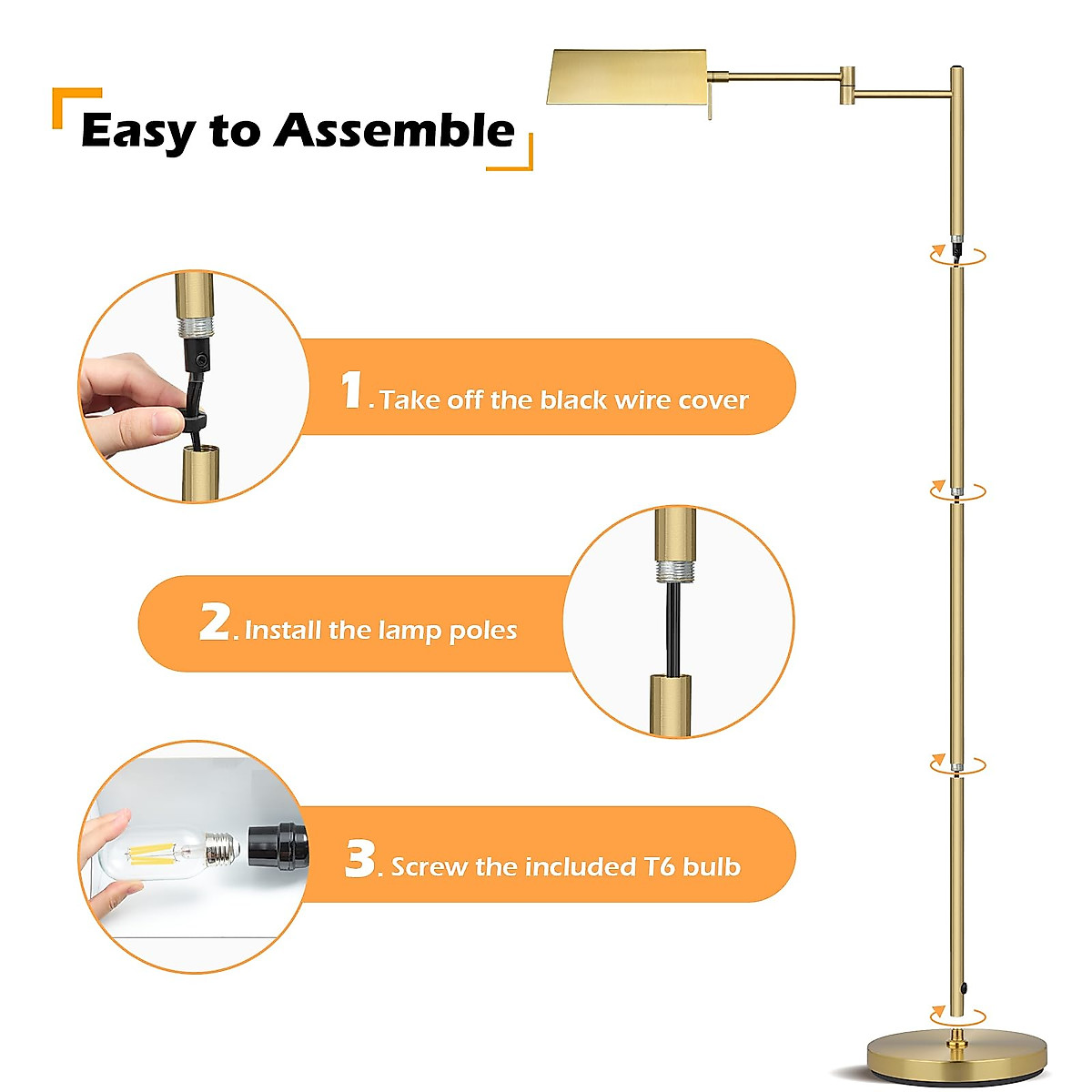 Mlambert Reading Floor Lamp,LED Pharmacy Lamp with Swing Arm,Swivel Head Adjustable Standing Lamp,E26 Base,Corner Lamp for Livingroom,Sewing(Brass)