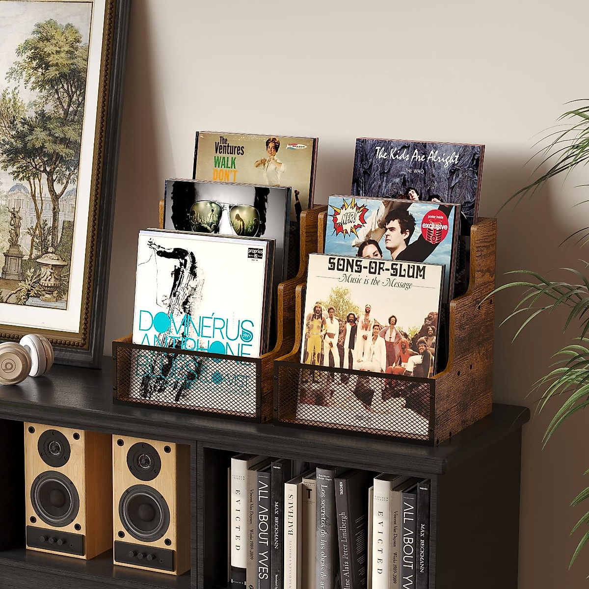 Yuzehuaza Vinyl Record Storage Holder, Stepped 3 Tier LP Vinyl Record Crate with Metal Grid, Wooden Album Storage Desktop Organizer Box for Vinyl, Rustic Brown & Black (Patent Pending)