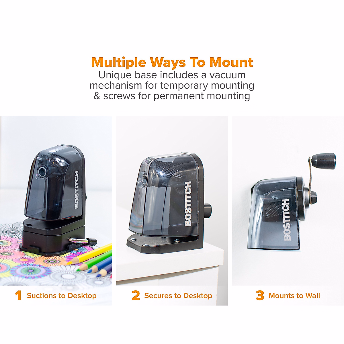 Bostitch Office Multi-Mount Manual Pencil Sharpener, Vacuum Mount or Screw Mount, Black (MPS2-BLK)