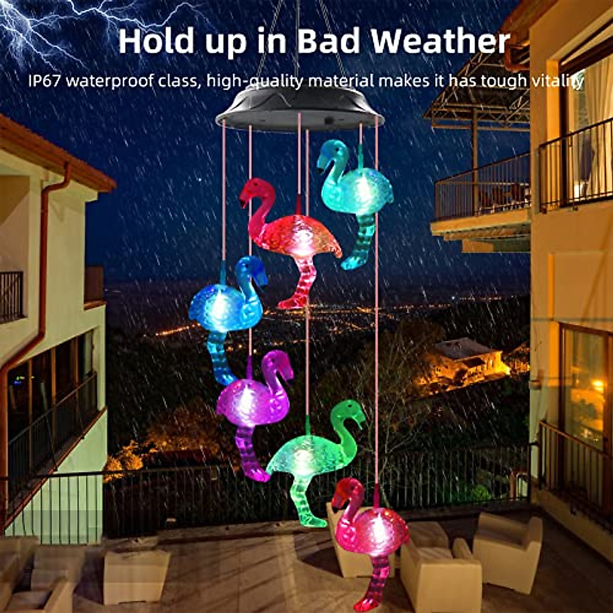 WANQDG Flamingo Solar Wind Chimes for Outside, Waterproof LED Solar Powered Memorial with Lights, Housewarming Gifts for Garden Outdoor Patio Yard Lawn Decor