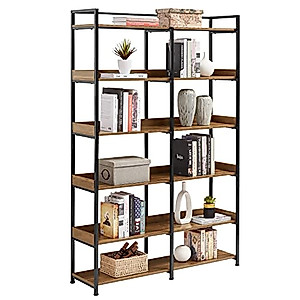 MENGK 70.8 Inch Tall Bookshelf MDF Boards Stainless Steel Frame, 6-Tier Shelves with Back&Side Panel, Adjustable Foot Pads, Brown