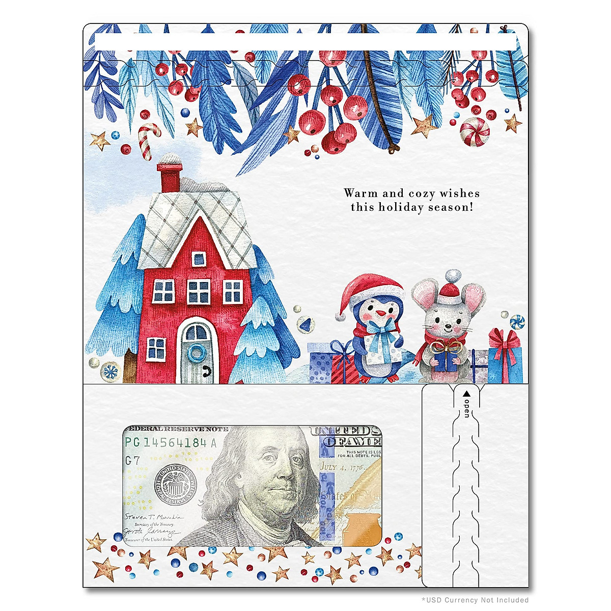 ZipGifts Holiday Card | Zip-Open Money Holder w/Clear Plastic Window for Cash, Check, & Gift Card (Warm & Cozy | 5-Pack)