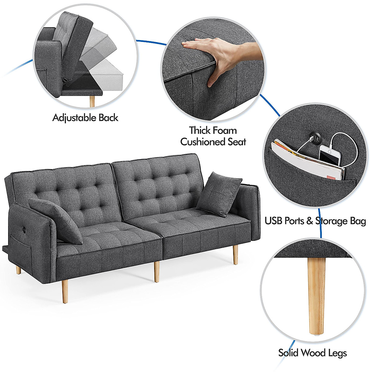 Yaheetech 78” Convertible Sofa Bed with USB Ports Sleeper Couch Futon Daybed Sofa for Living Room Adjustable Loveseat Linen Fabric, Dark Gray