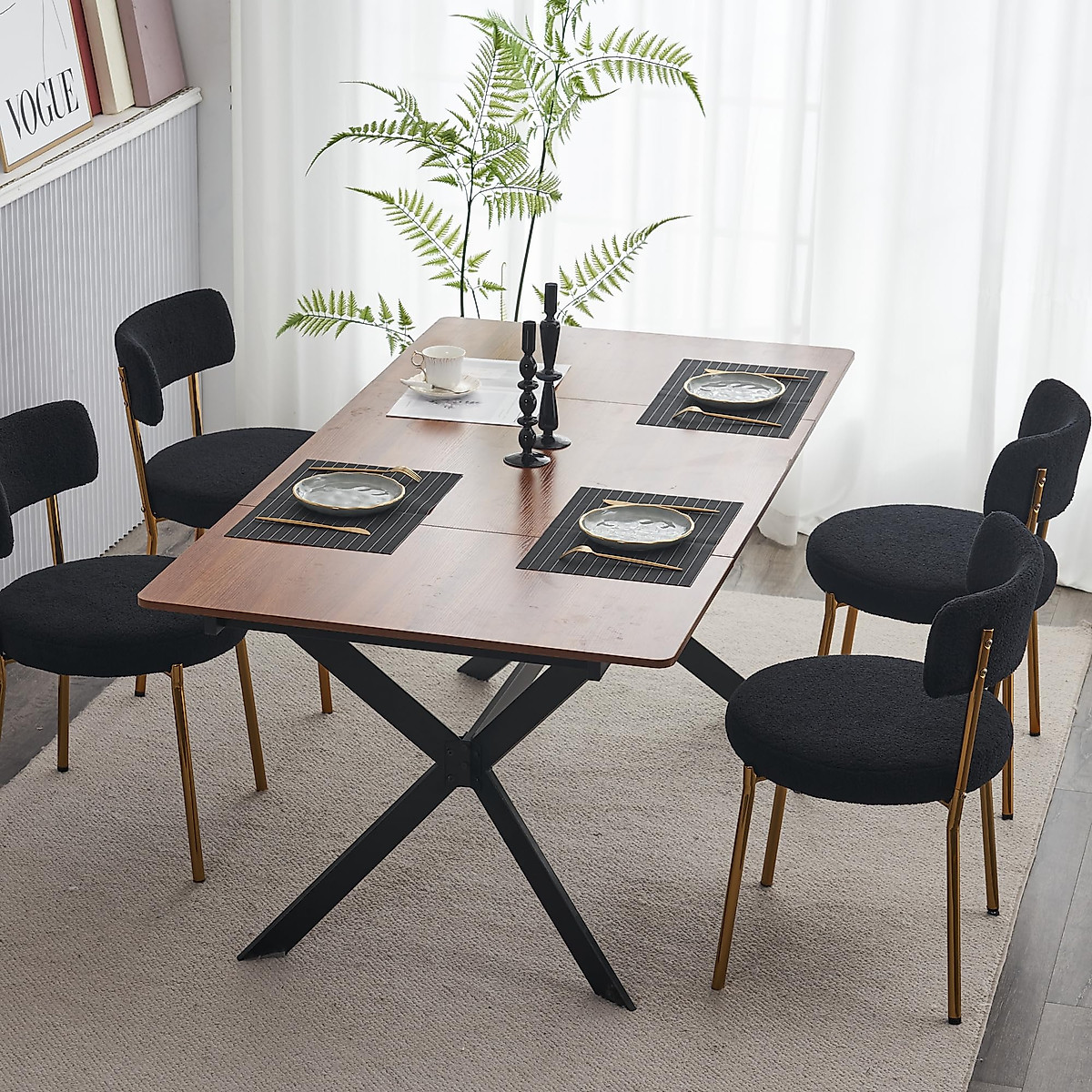 RIGHTPARTS Boucle Dining Chairs Set of 4, Modern Upholstered Fleece Fabric Kitchen Chairs, Mid-Century Round Dining Chairs Curved Backrest Metal Legs for Dining Room/Living Room (Black 1, 4)