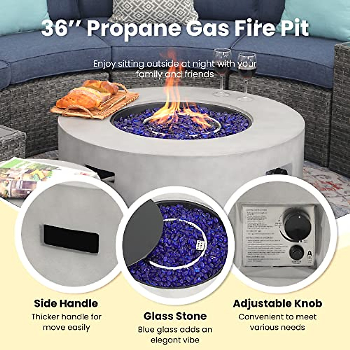 SUNSITT Outdoor 36’’ Propane Fire Pit with Tank Table 50,000 BTU Round Patio Propane Firepit Table with Tank Holder, Pit Cover, Metal Lid & Fire Glass, Grey Finish