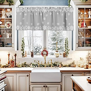 Jacekidy Christmas Snowflakes Valances for Window, Short Kitchen Curtains Valances Rod Pocket Window Valance Curtains for Living Room Bathroom Bedroom Cafe Seasonal Winter Xmas Grey Backdrop 54"x18"