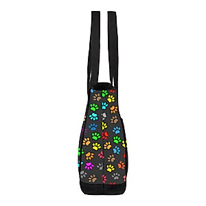 Colorful Cat Dog Paw Canvas Totes Shoulder Bag for Women Girls, Animal Paw Print Handbag with External Pockets Daily Essentials Large Top Zipper Cloth Bag