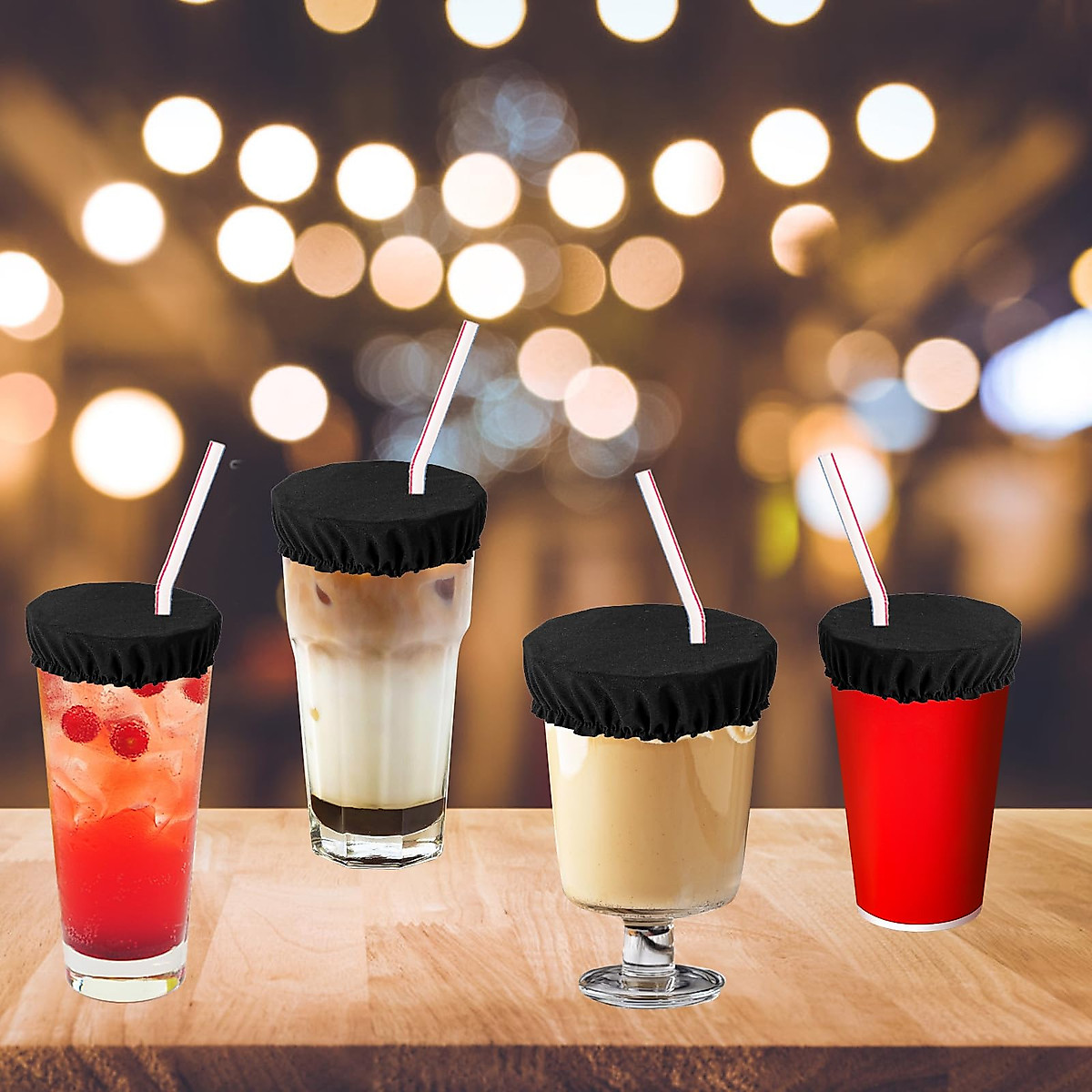 15pcs Drink Cover Scrunchies, Elastic Fabric Class Cup Drink Covers for Alcohol Protection with Straw Hole Reusable & Washable Protective Drink Cap for Women Girls Bar Party (Black)