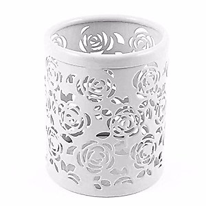 Ciaoed Metal Pencil Pot Holder, Rose Flower Pattern Make Up Brush Cup, Pen Cylinder Container for Desk, White