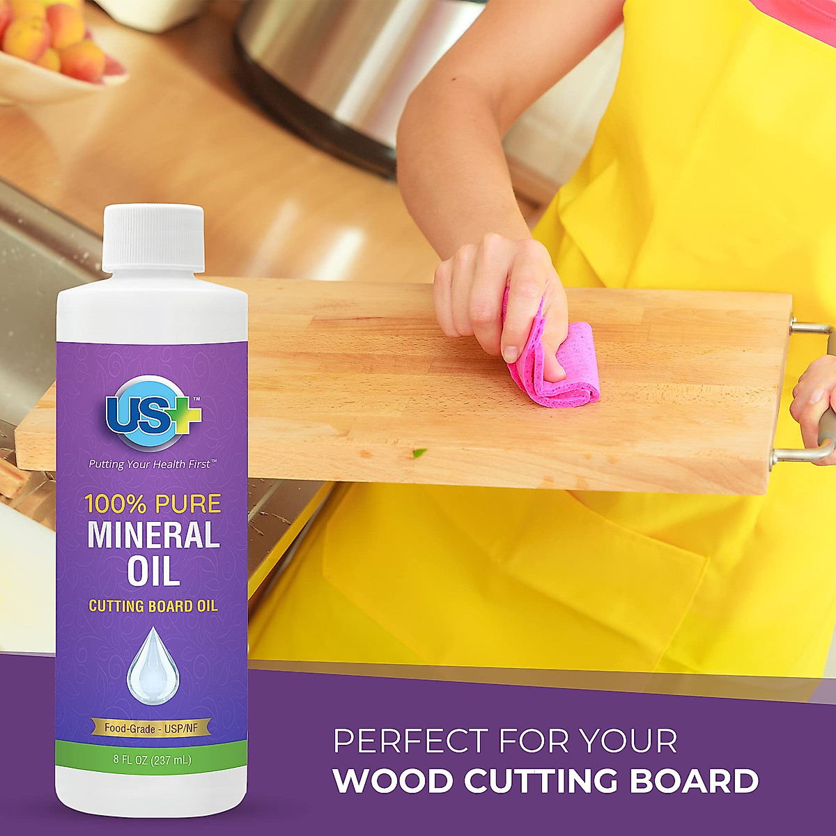8oz US+ 100% Pure Mineral Oil - Cutting Board Oil - Food-Grade - USP - GMO-Free - Restores & Protects Cutting Boards, Butcher Blocks, Countertops, Steel Surfaces & More